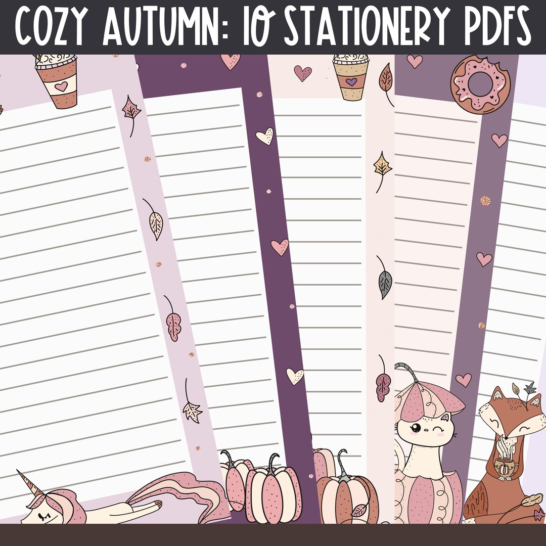 Fall Cats Pumpkin Fox Unicorn Printable Stationery PDF Paper Autumn ...