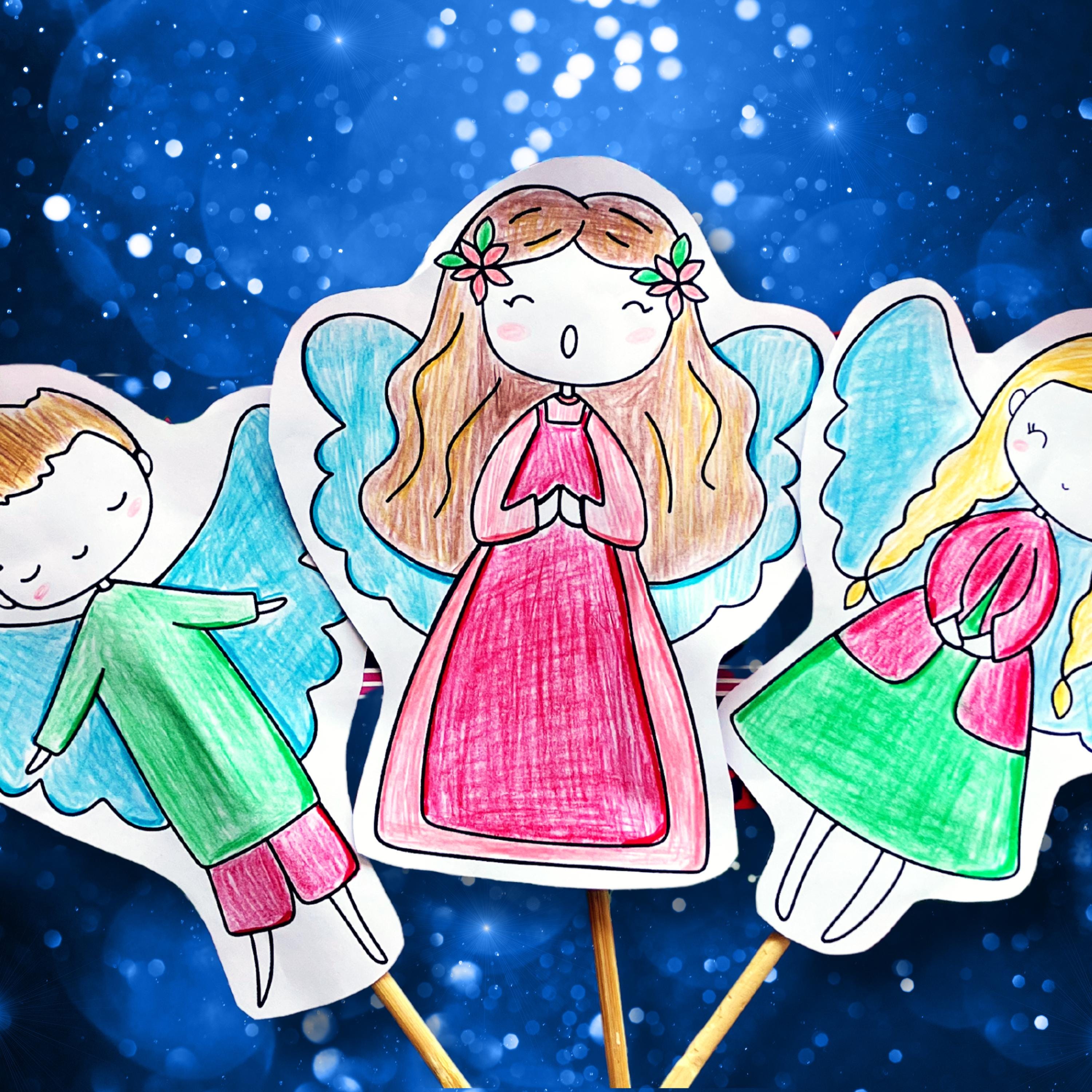 Printable Christmas Angel Stick Puppets to Color Holiday Angel Puppets ...