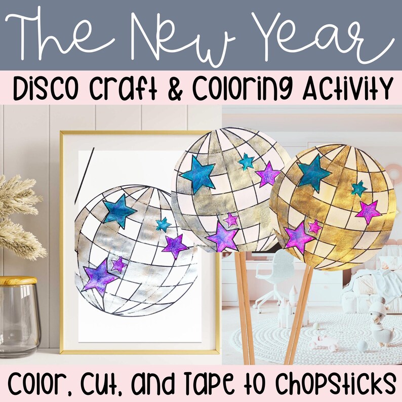 Printable New Years Eve Disco Ball Coloring Stick Craft for Kids | New ...