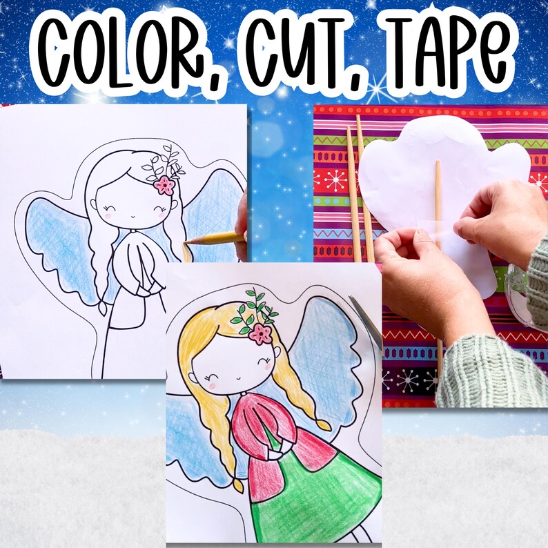 Printable Christmas Angel Stick Puppets to Color Holiday Angel Puppets ...