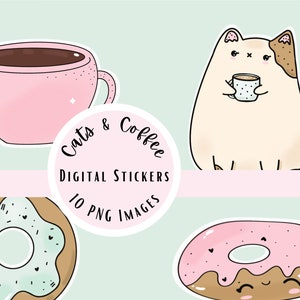 Digital Cat Coffee Stickers PNG Printable Kawaii Cat Clip Art Cute ...
