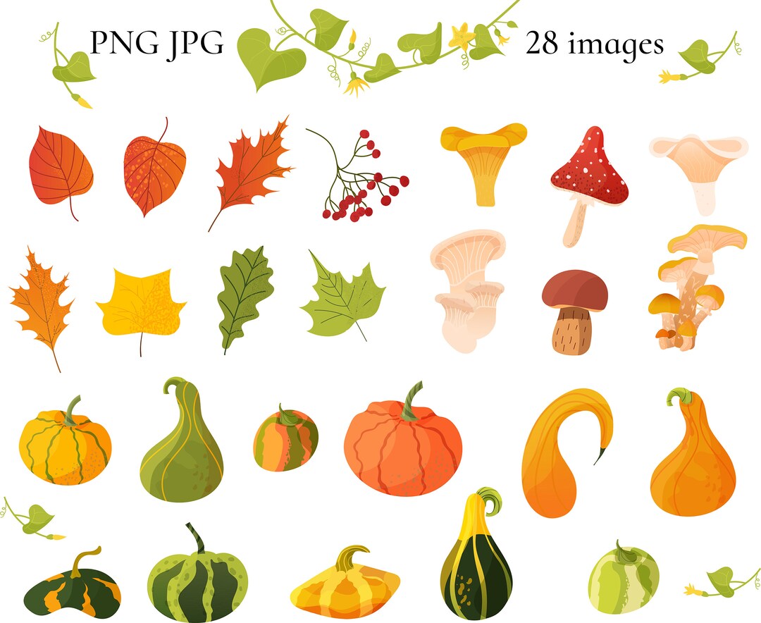 Fall Clipart, Autumn Clipart, Pumpkins, Leaves, Mushrooms, Printable ...