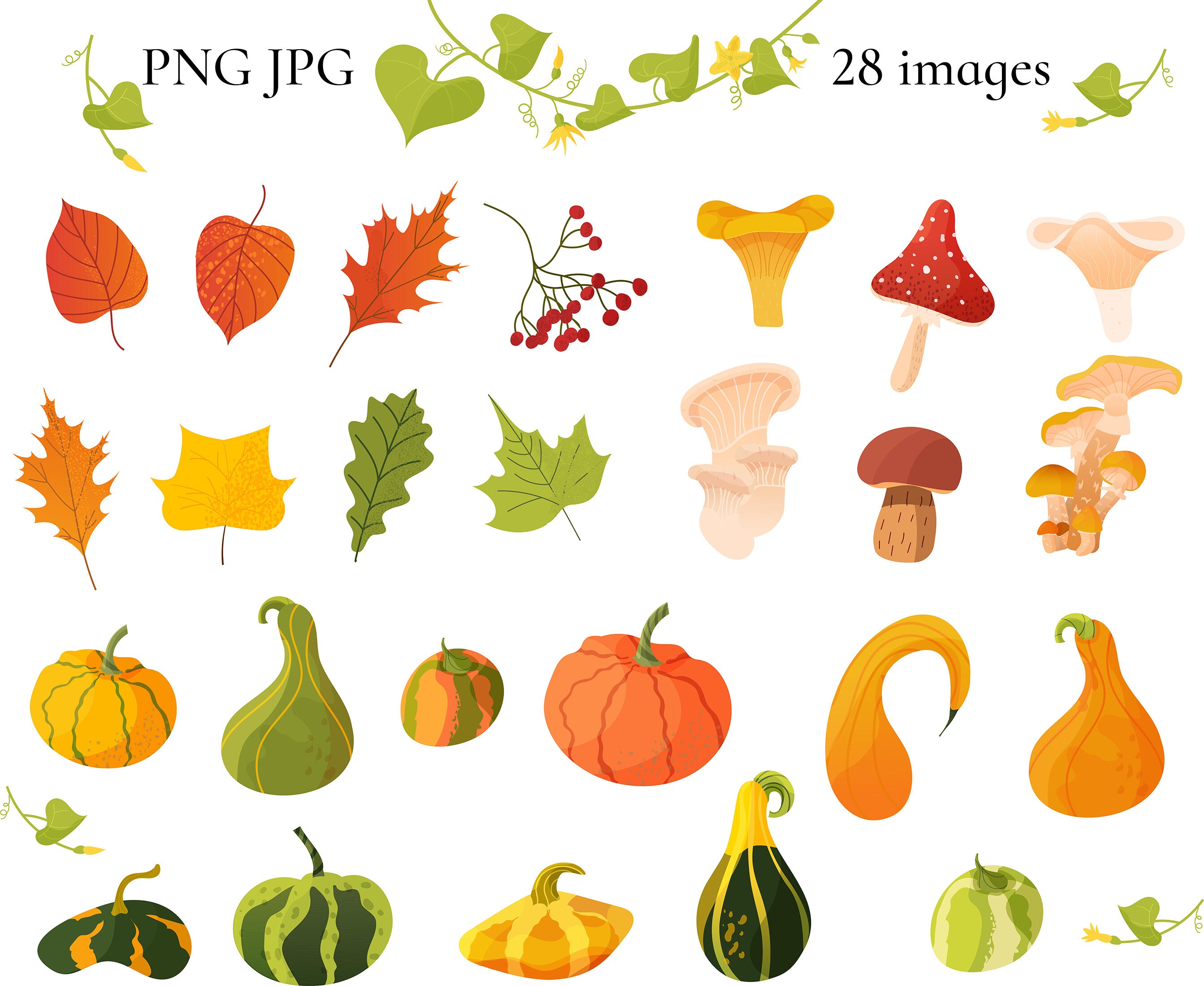 Fall Clipart, Autumn Clipart, Pumpkins, Leaves, Mushrooms, Printable ...