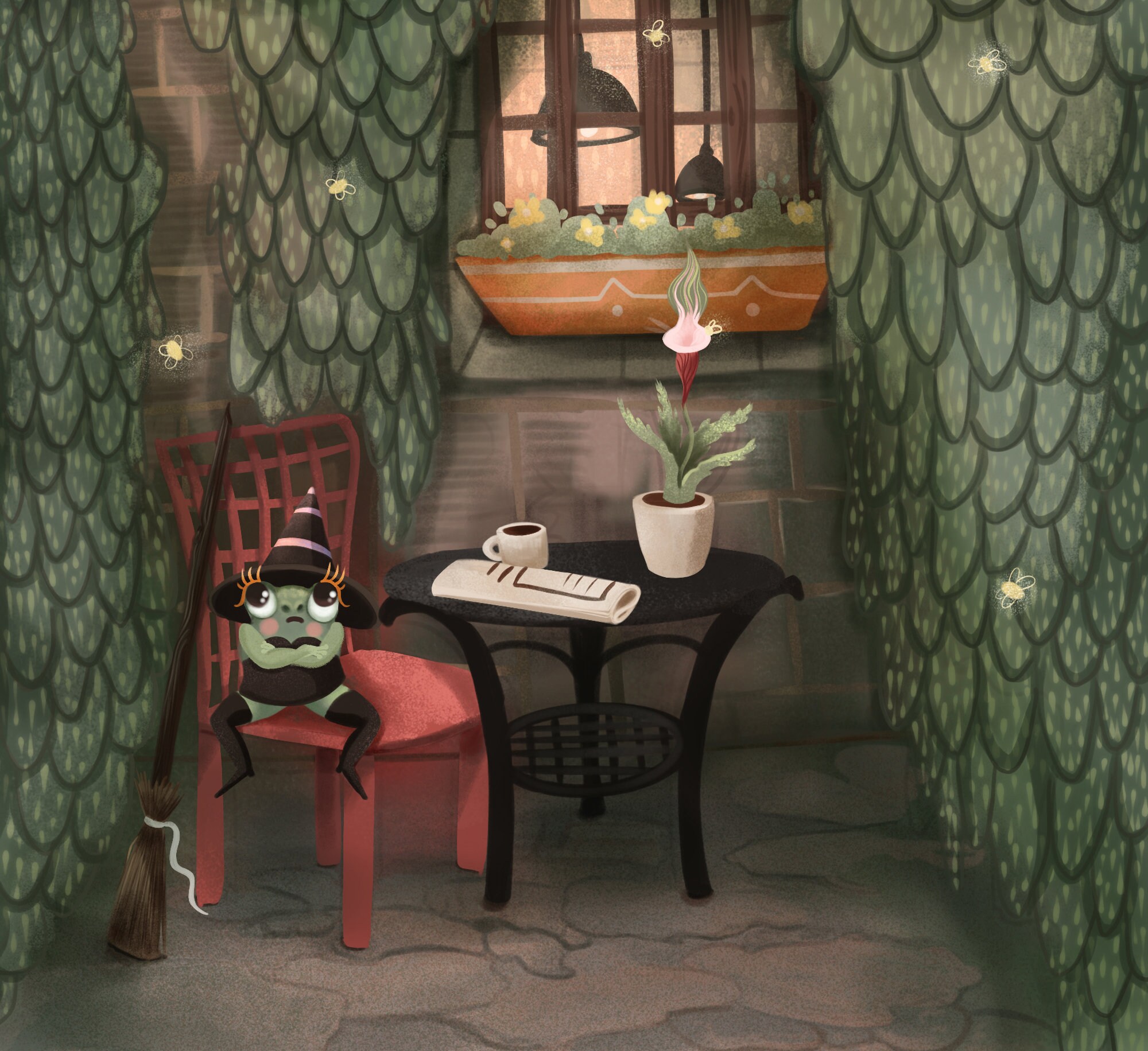 Girl Witch With Black Cat and Frog Digital Wall Art, Girl Witch Poster ...