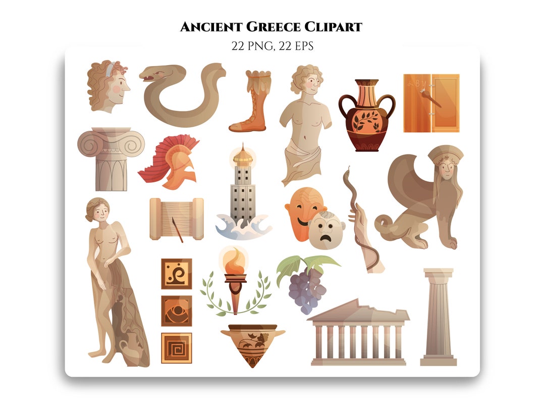 Ancient Greece Elements Clipart Set, Marble Statue, Theatre Masks ...