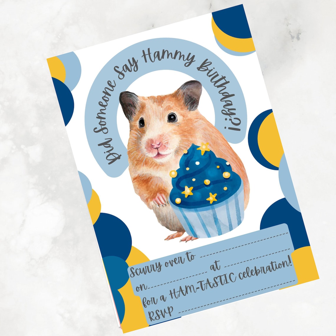 Hamster Birthday Party Theme Kids Invitation Fill in Blue Gold Digital ...