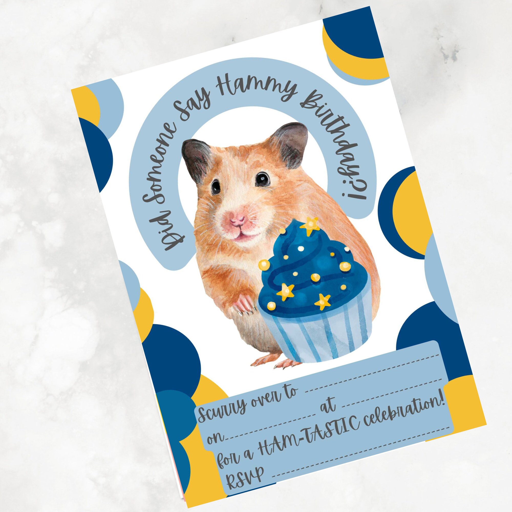 Hamster Birthday Party Theme Kids Invitation Fill in Blue Gold Digital ...