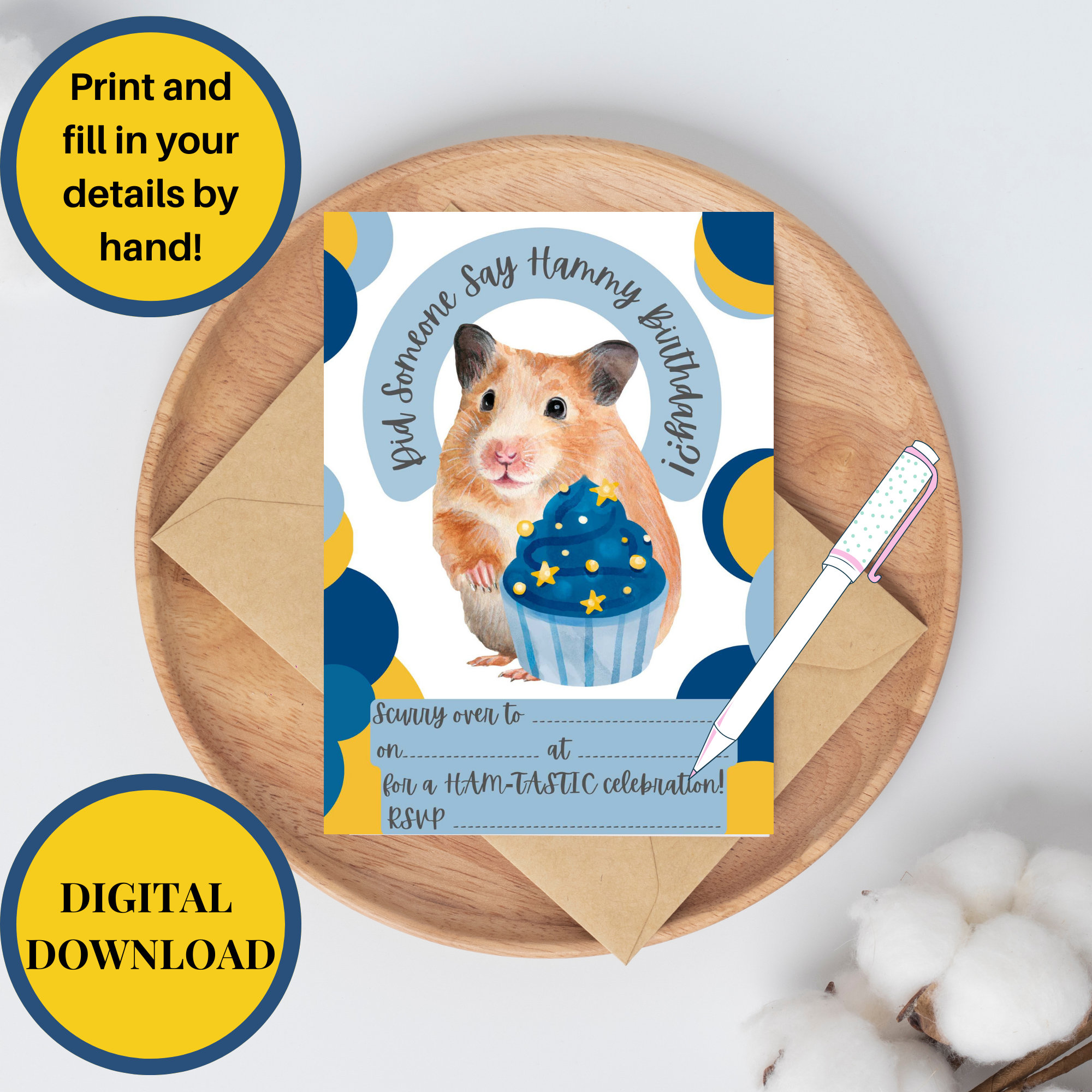 Hamster Birthday Party Theme Kids Invitation Fill in Blue Gold Digital ...