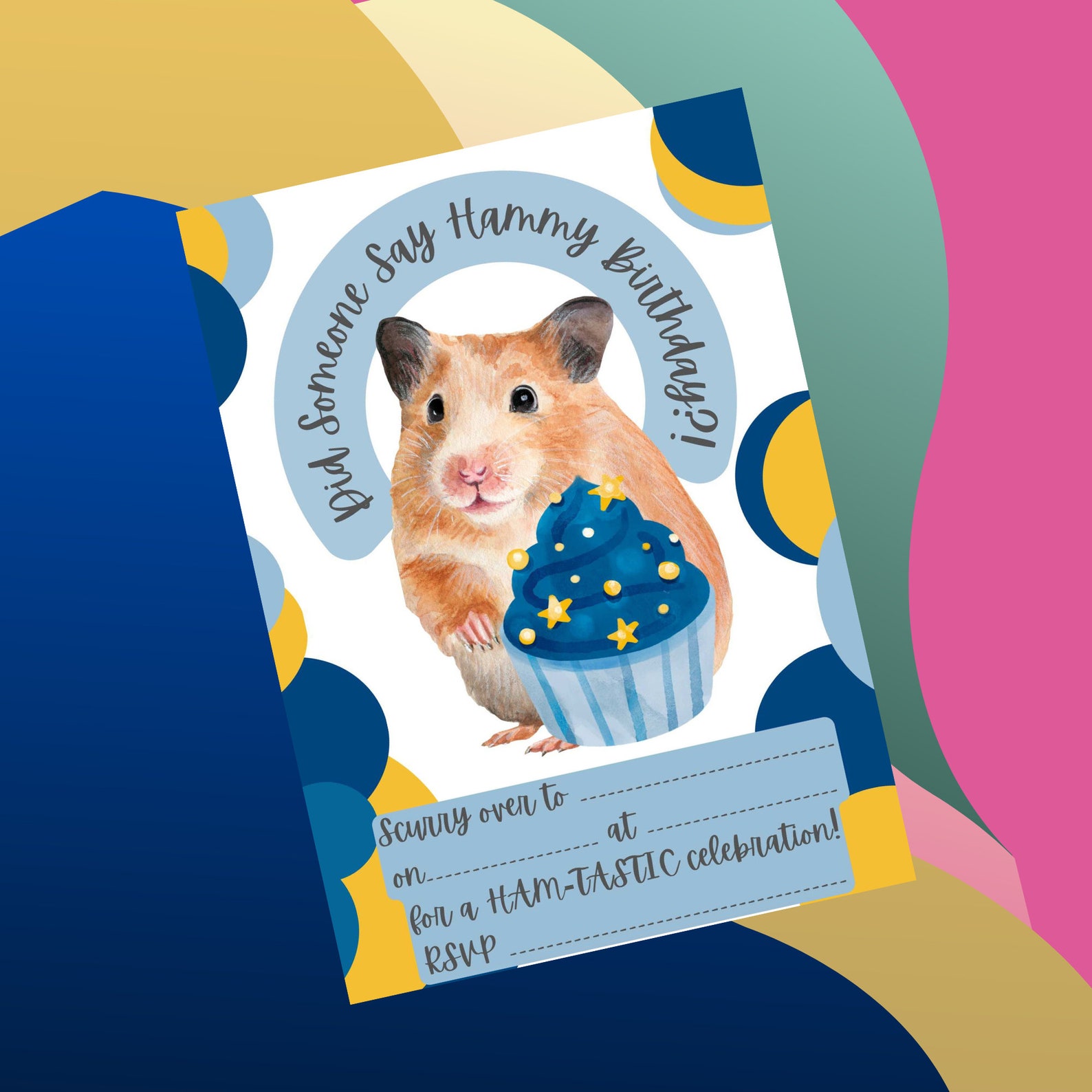 Hamster Birthday Party Theme Kids Invitation Fill in Blue Gold Digital ...
