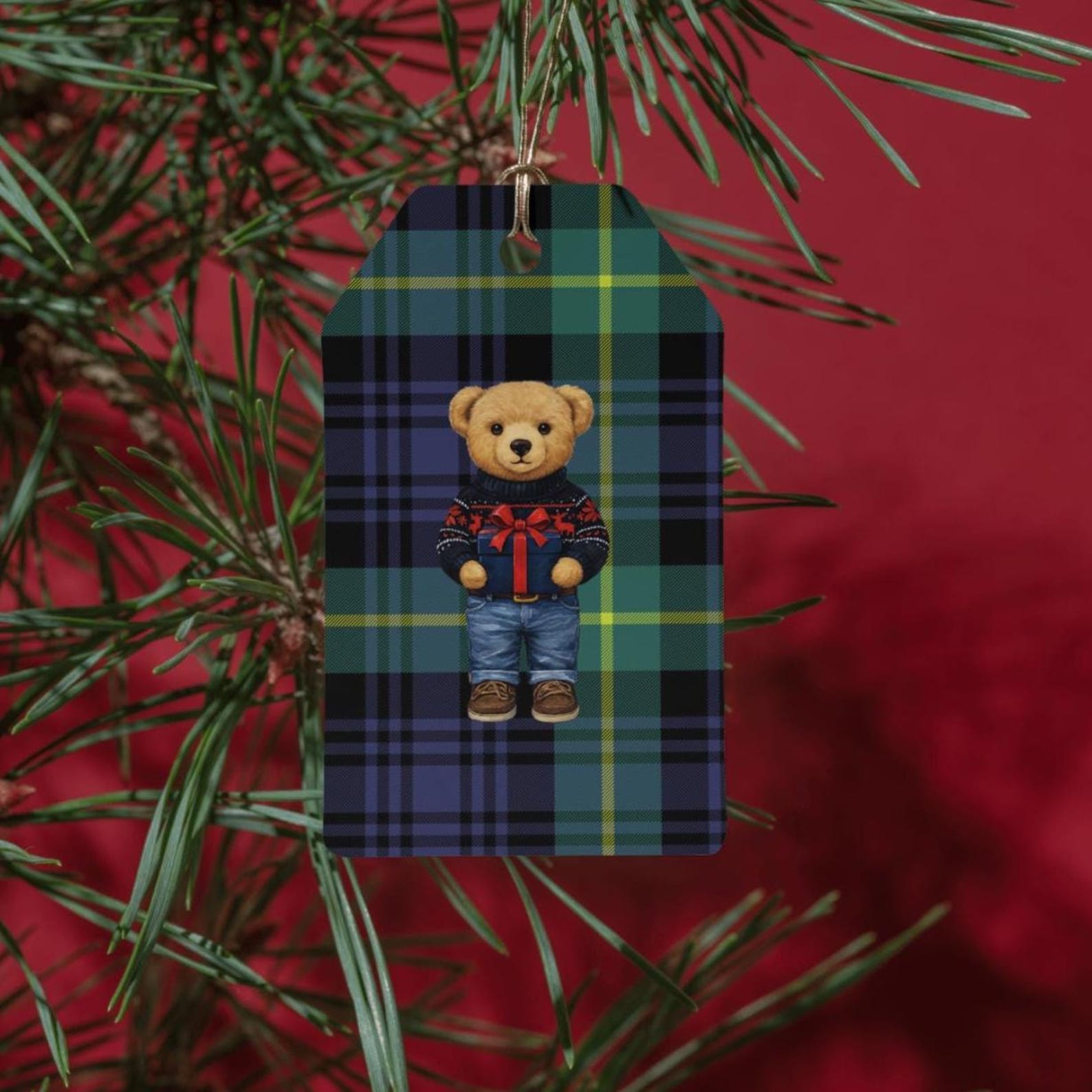 Green Tartan Christmas Gift Tags, Bear Holiday Tags Pack of 10, 300gsm ...