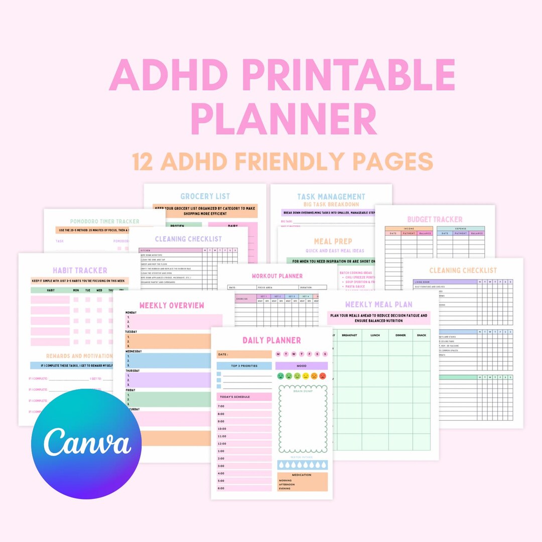 ADHD Planner Printable: Focus, Habit Tracker, & Task Management (canva ...