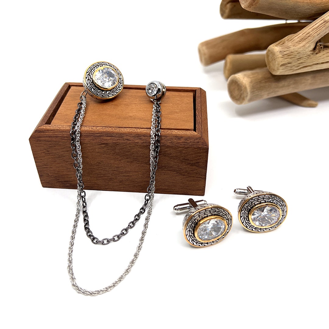 Silver Collar Chain Brooch Set, Jacket Lapel Pin, Cufflink, Handmade ...