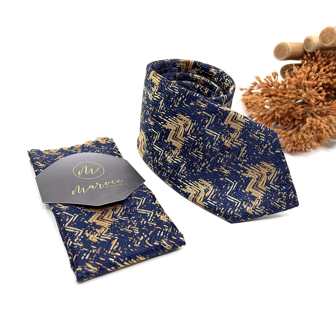 Navy Blue Neck Tie, Gold Necktie, Wedding Floral Tie, Groomsmen Floral ...