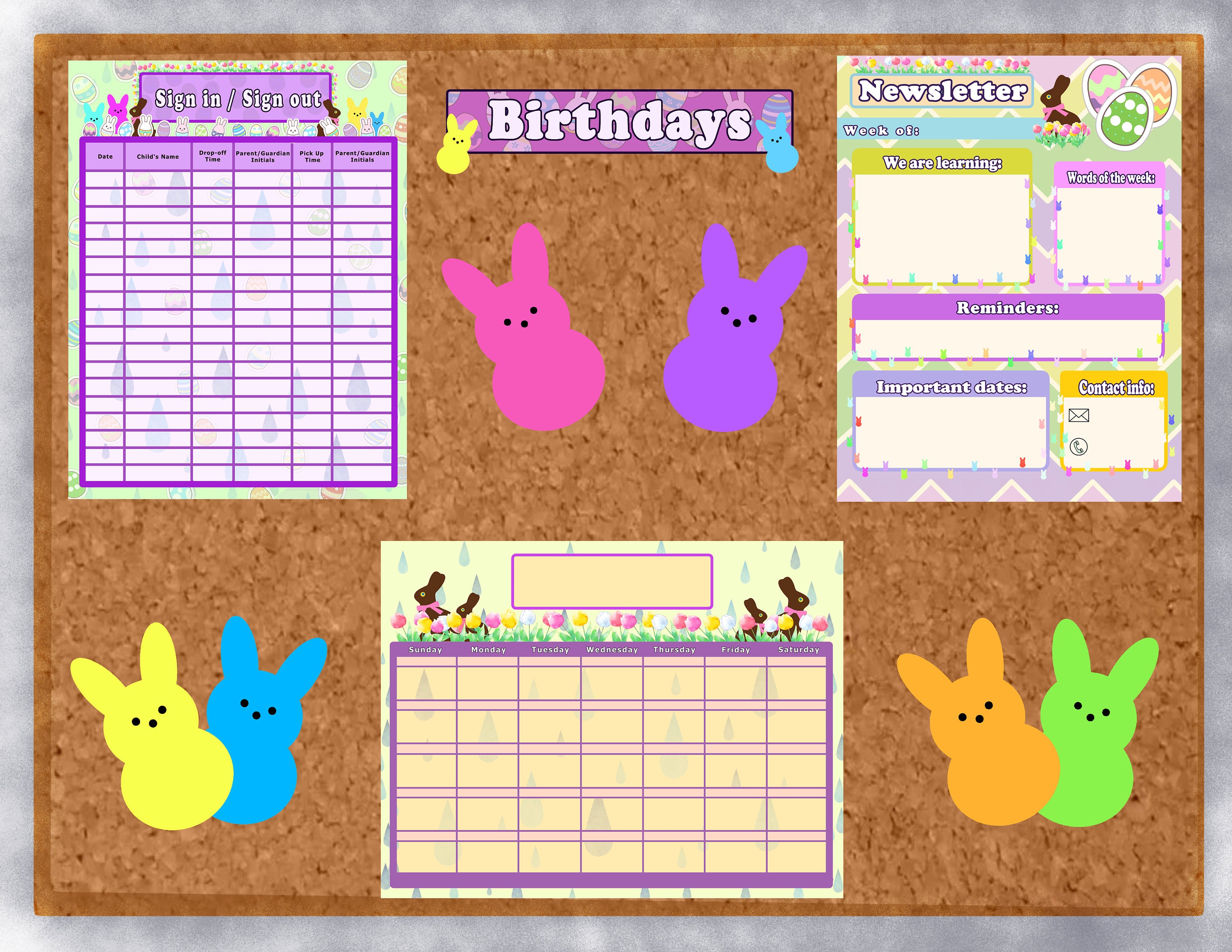 Spring Bunny Easter Theme Printable Daycare Parent Board, Childcare ...