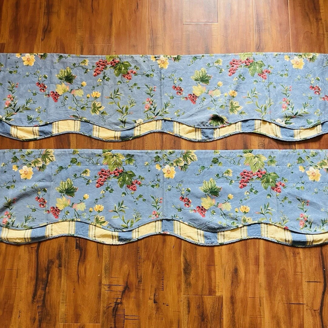 Vintage Waverly Country French Valances (2) Blue Grape Leaf Damask ...