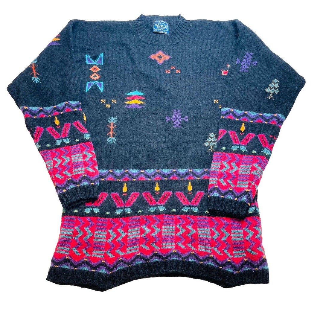Vintage Woolrich Southwestern Sweater Womens M Black Wool Aztec Navajo ...
