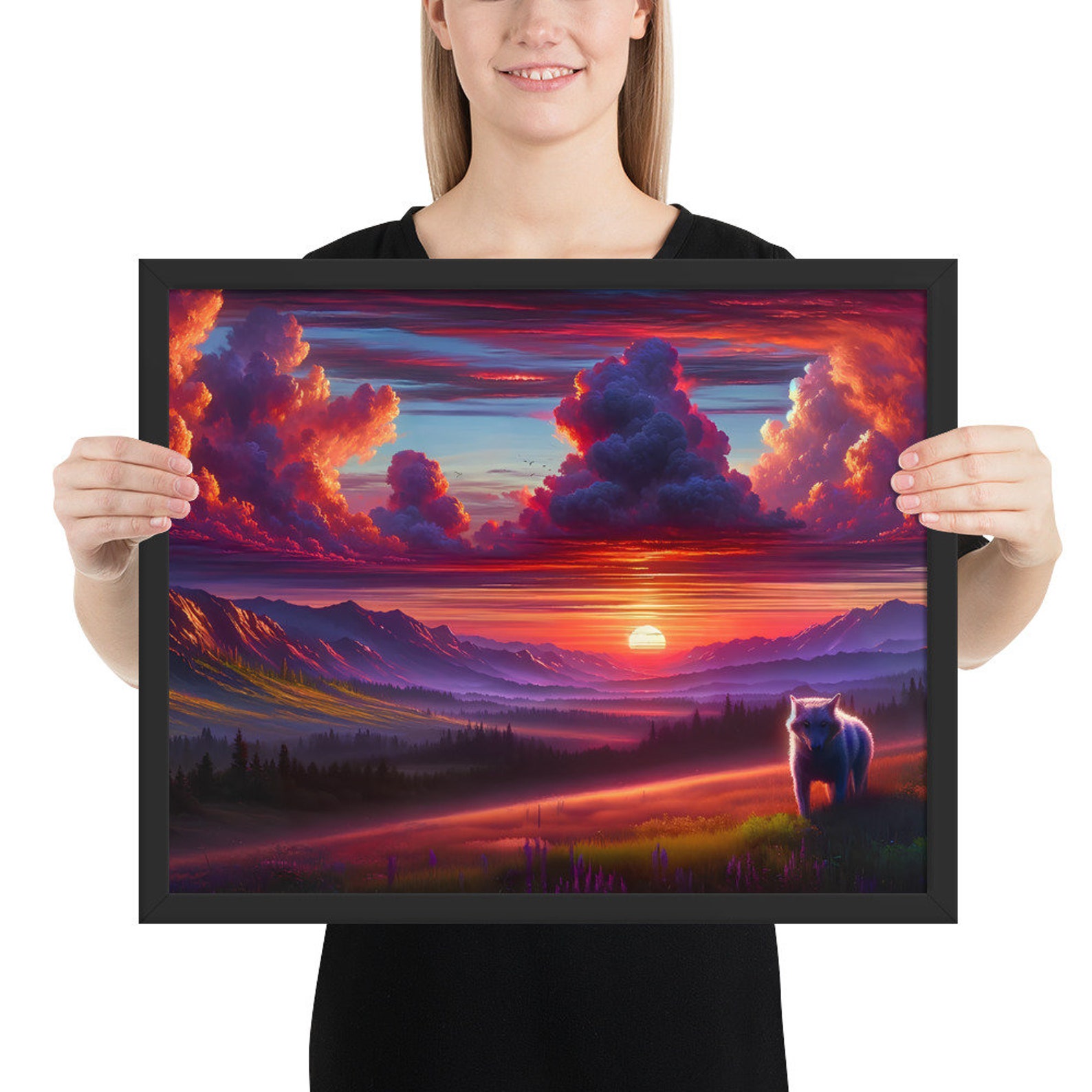 Framed Poster - "twilight Lone Wolf" - Breathtaking Mountain Sunset ...