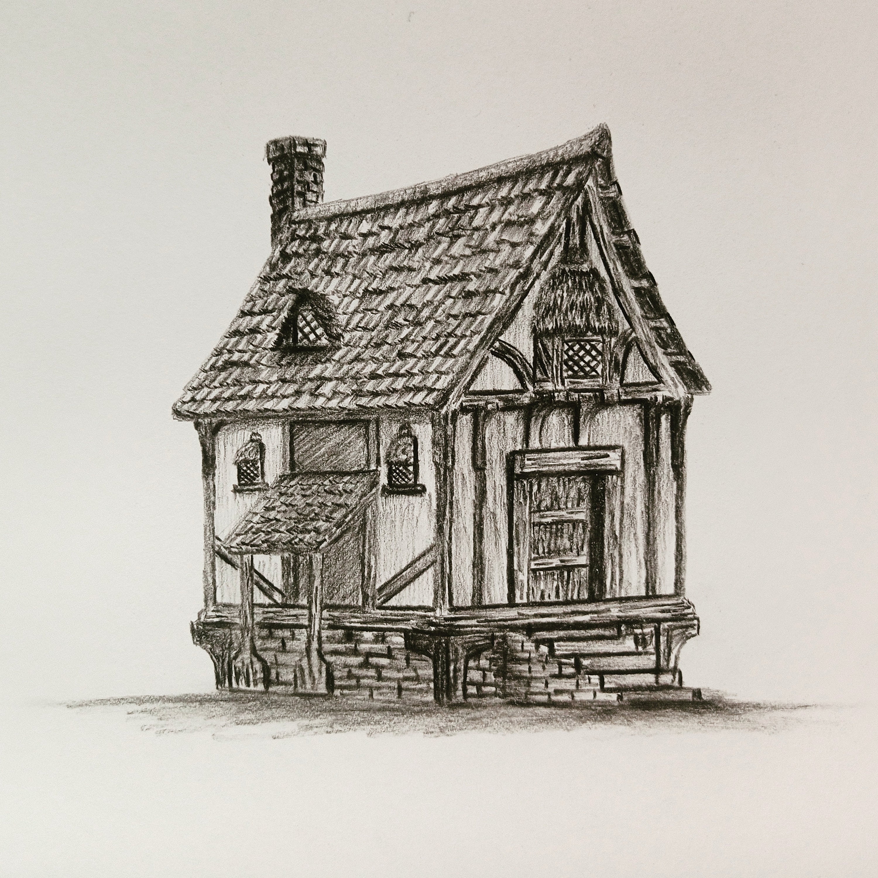 Fantastic Old Cottage Home Drawing by Charcoal Pencil. (Instant ...