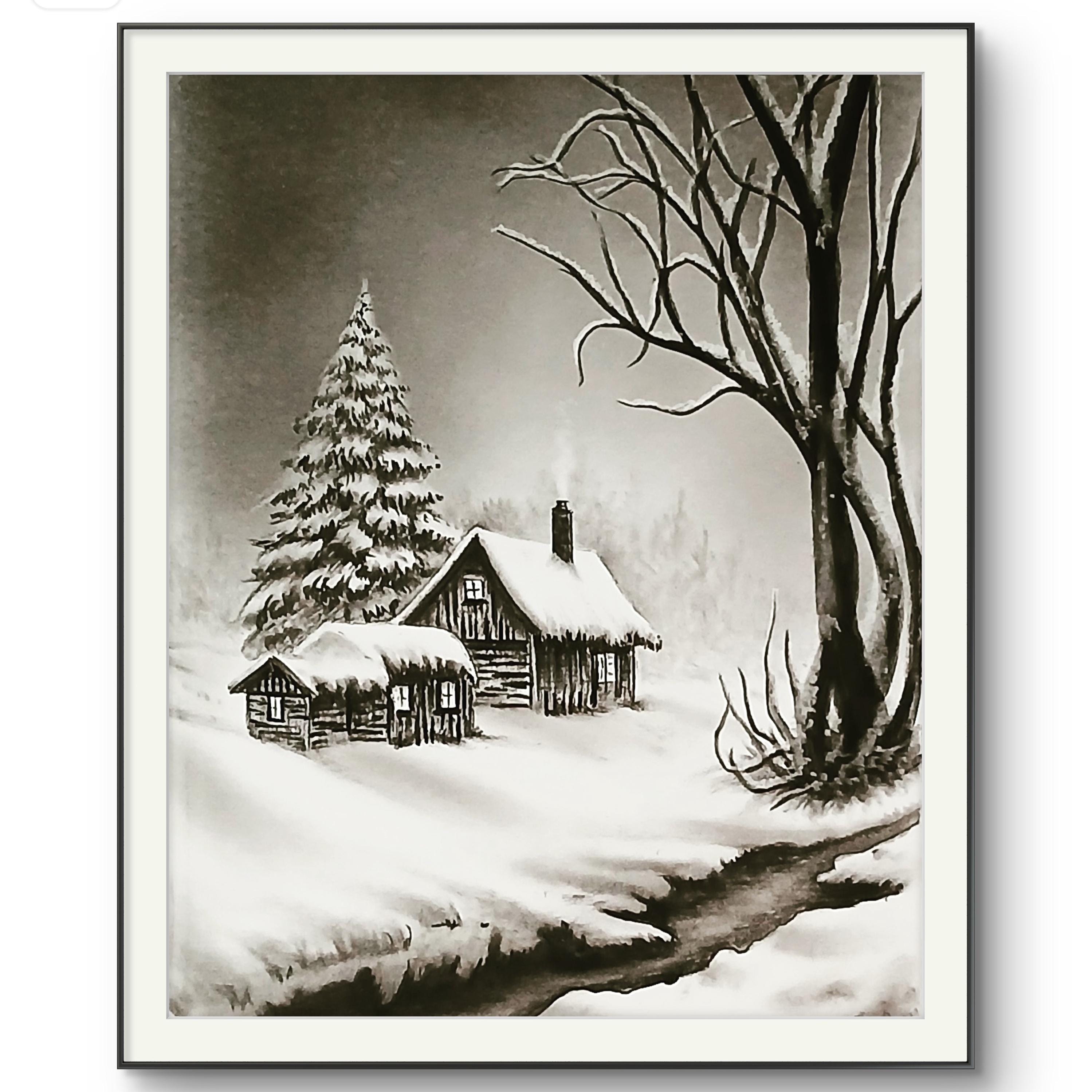 Snowy Winter Season Landscape Art Work by Charcoal Pencil. - Etsy