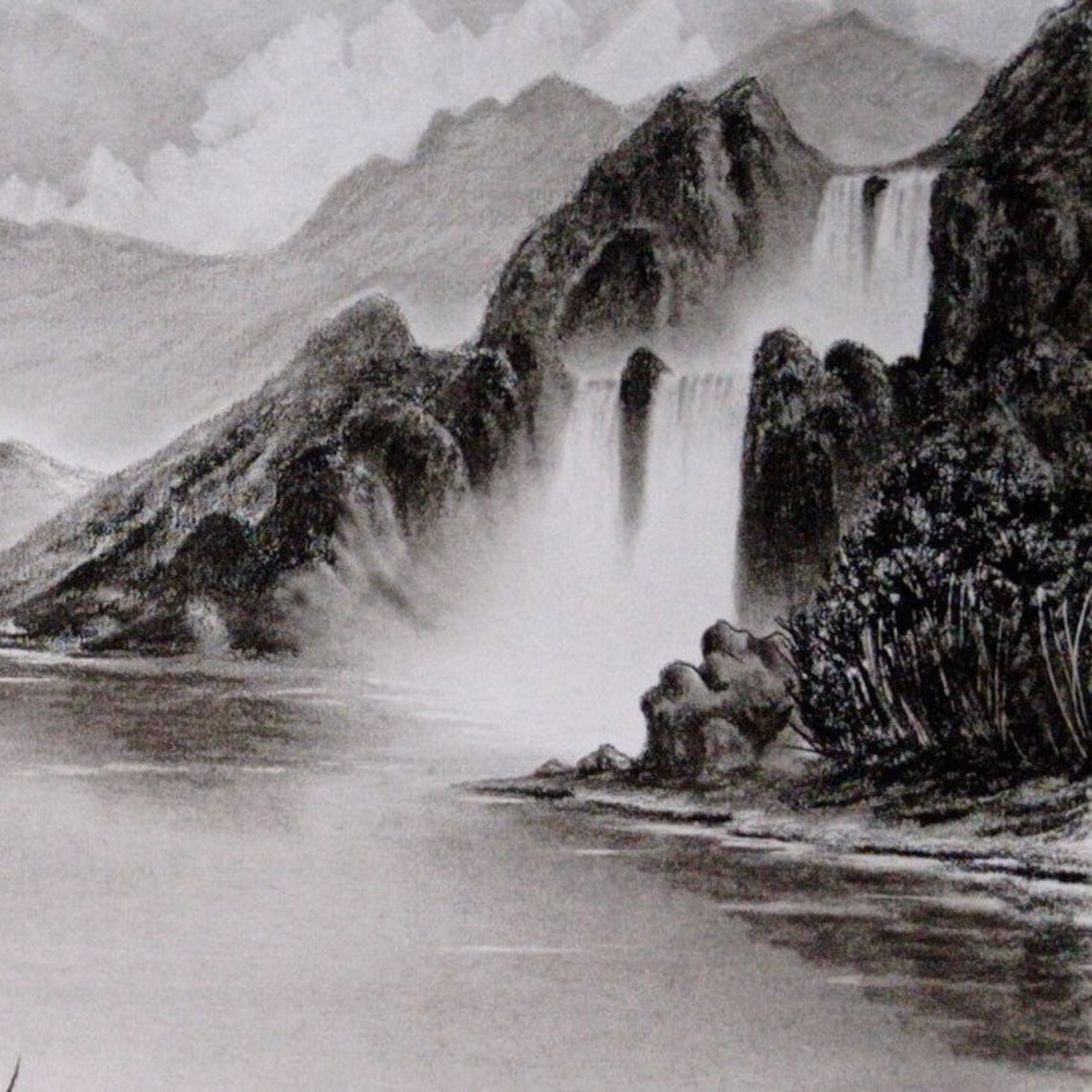 1 Waterfall Mountain Landscape Drawing Pencil Art Scenery - Etsy