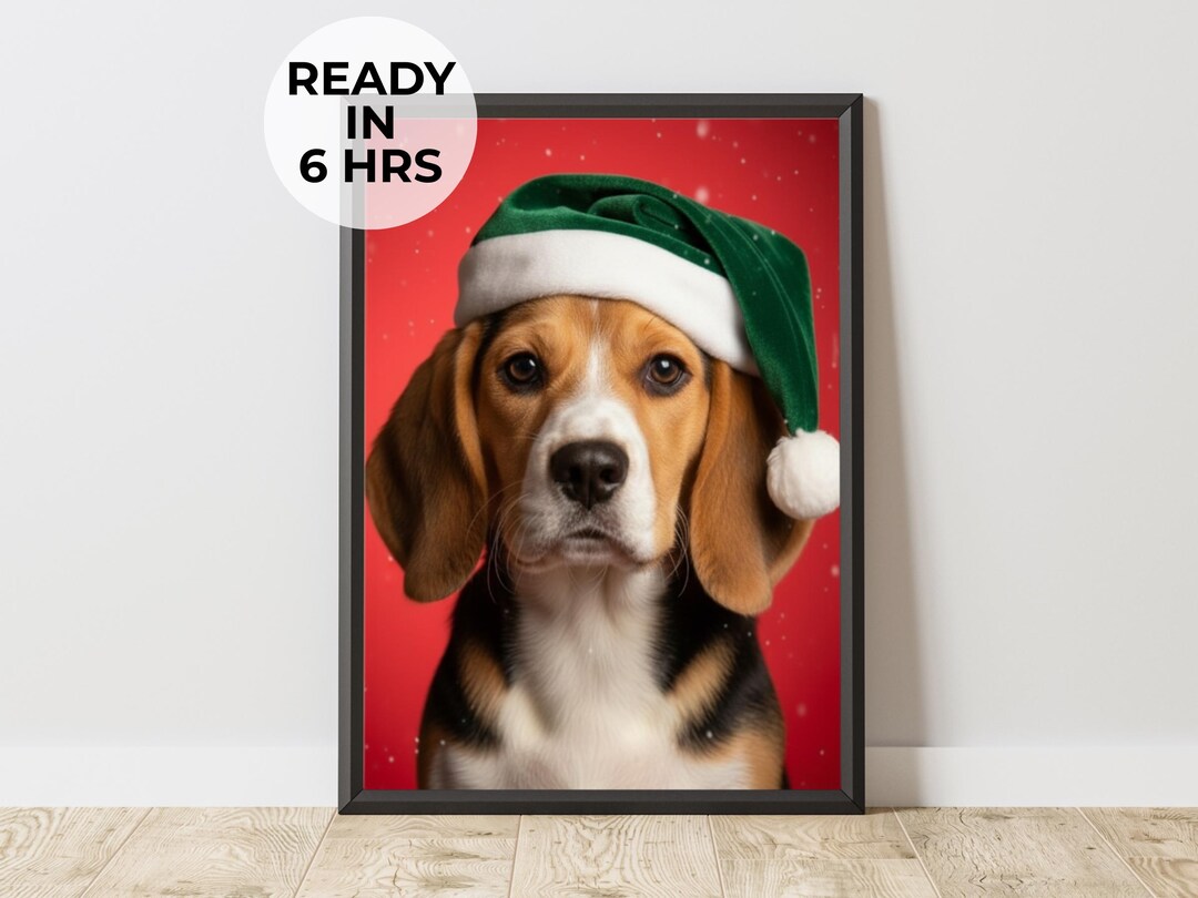 Santa Hat Dog Portrait, Funny Christmas Pet Digital Wall Art, Holiday ...
