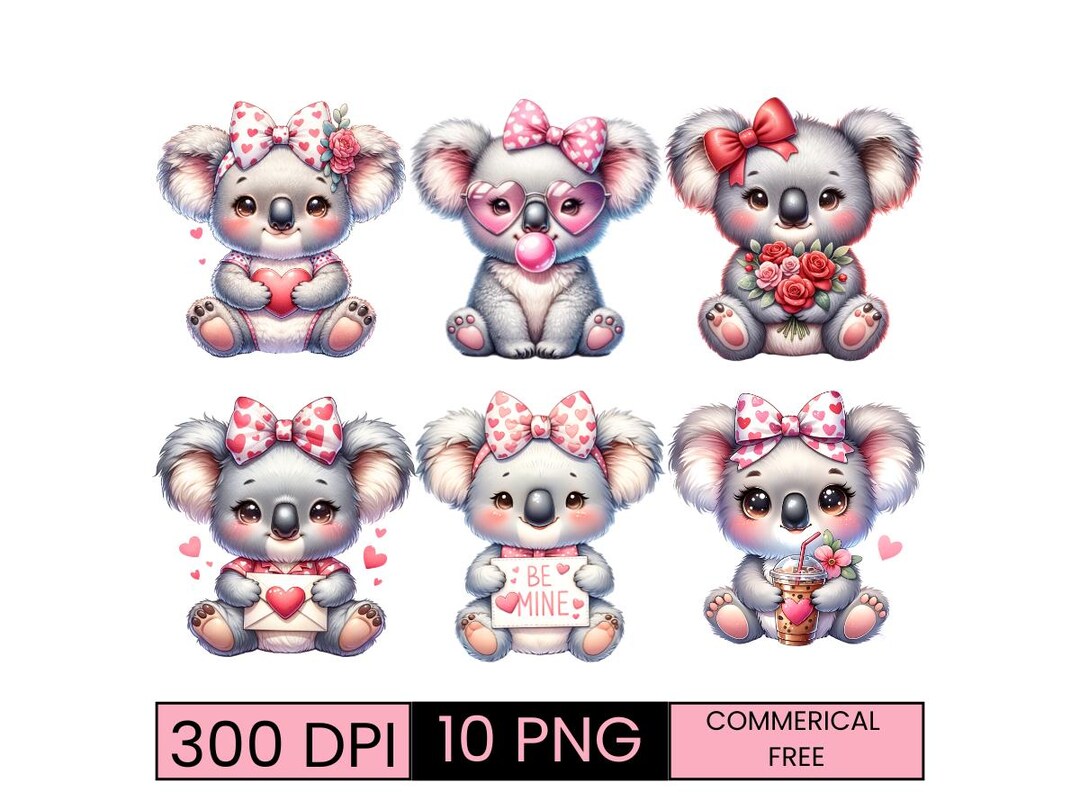 Valentine Koala Clipart Bundle, Cute Koala PNG Set, 10 High-resolution ...