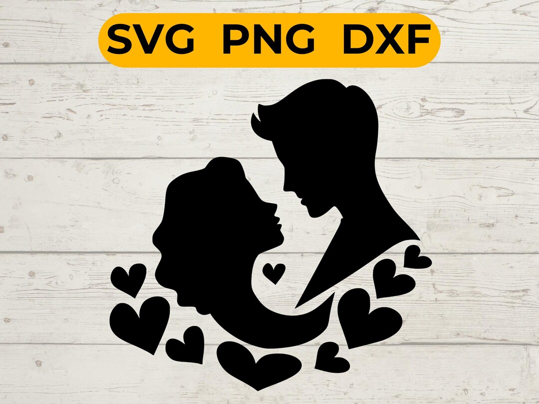 Romantic Couple Silhouette SVG With Hearts, Love Clipart PNG, Valentine ...