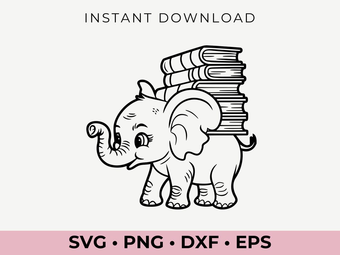 Elephant Books SVG | Cute Library Clipart | Reading Animal Vector ...