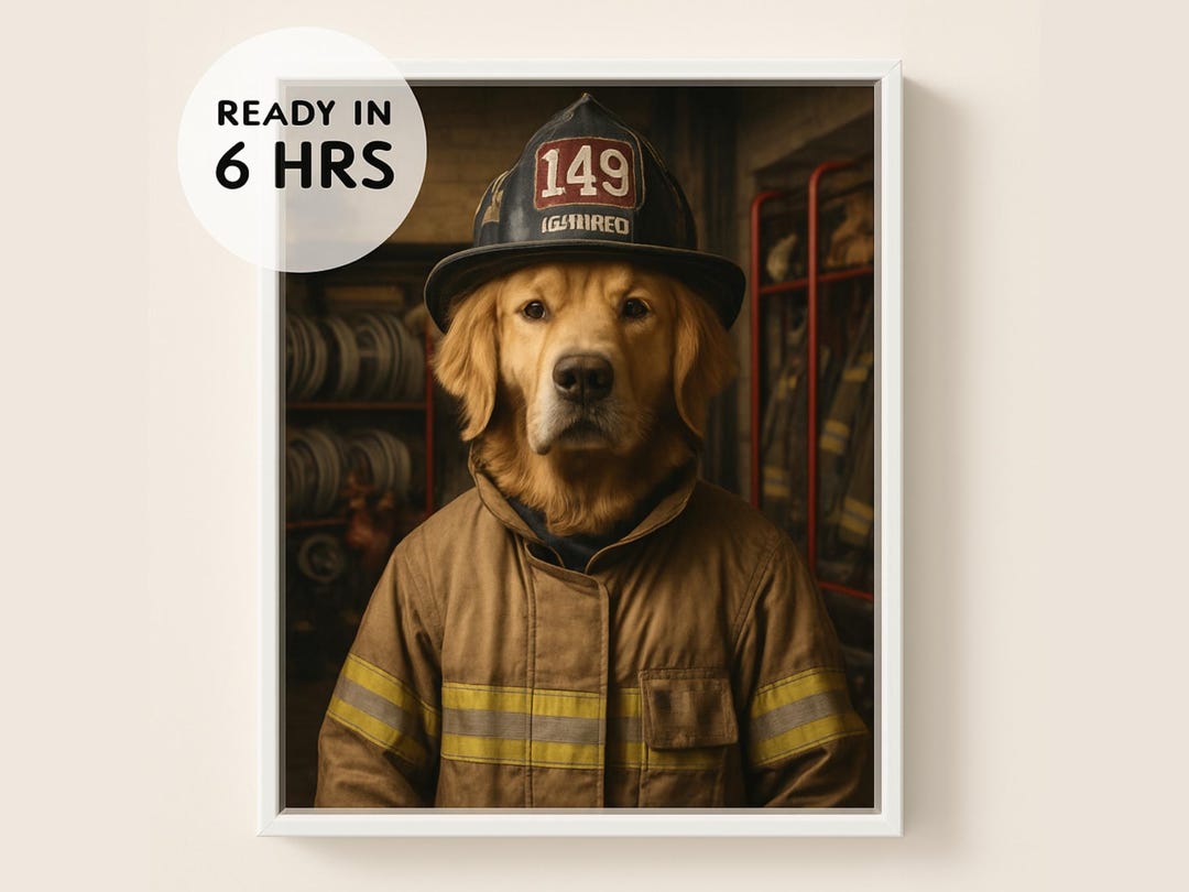 Firefighter Pet Portrait | Custom Dog or Cat in Fireman Uniform | Funny ...