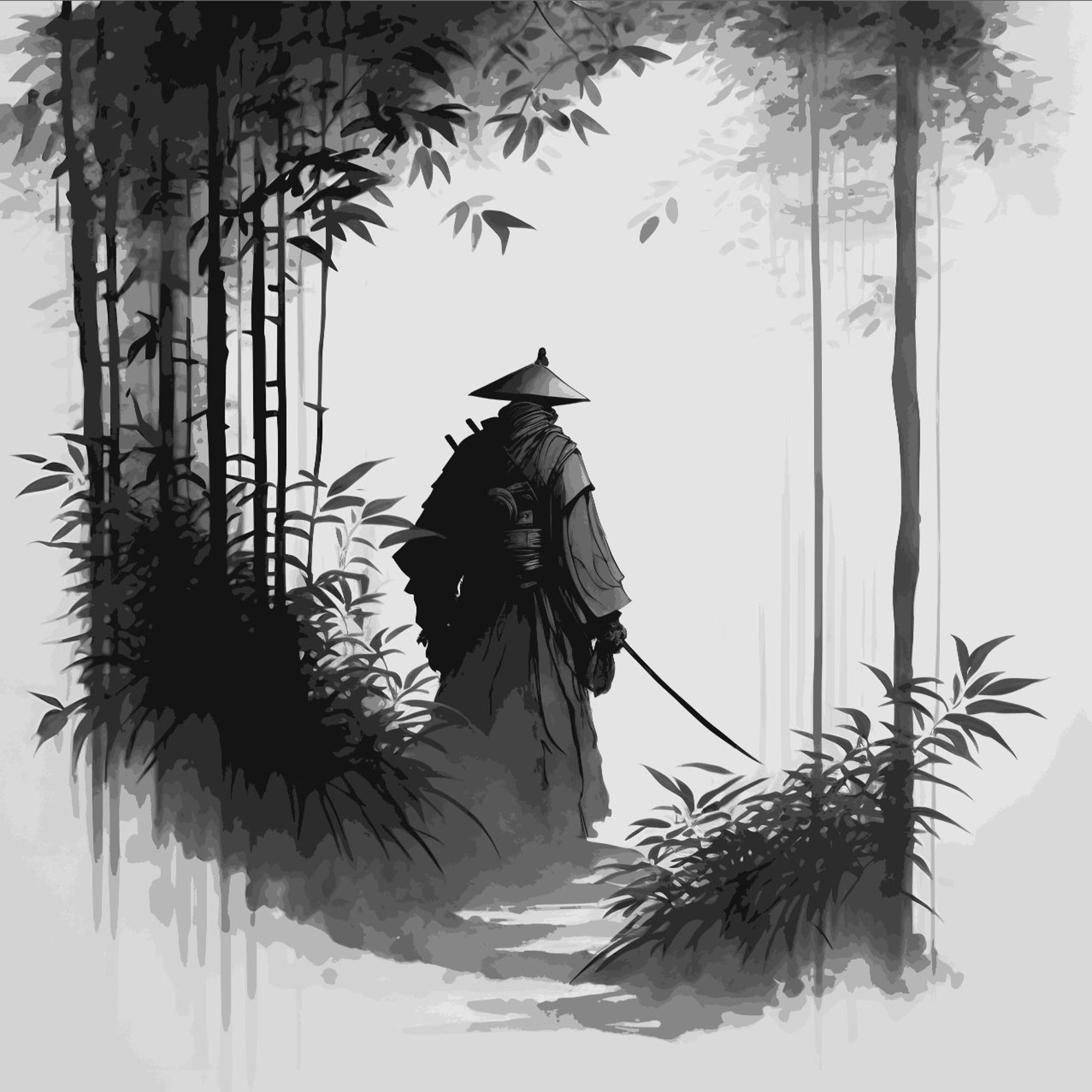 Samurai Ink Wash Art Vector - Etsy