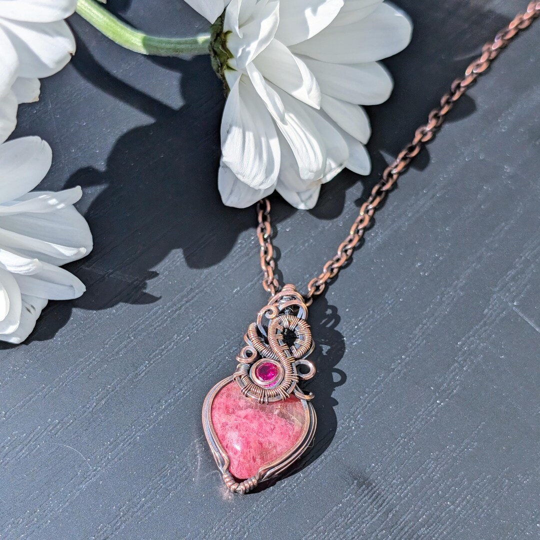 Rhodonite and Ruby Copper Wire Wrap Pendant, Boho Handmade Artisan ...