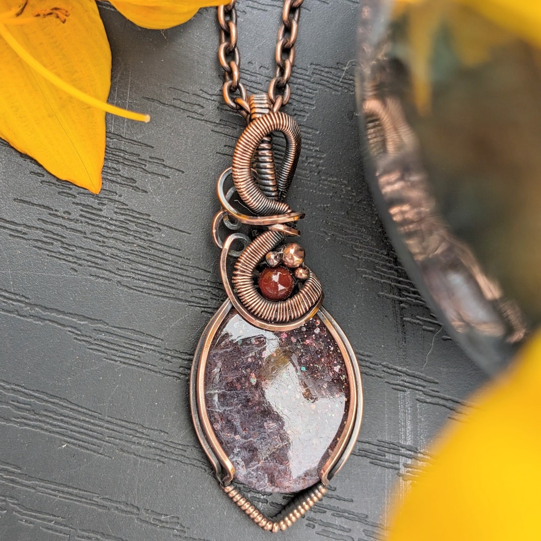 Sunstone Confetti Iolite Copper Wire-wrapped Pendant W/ Carnelian Bead ...