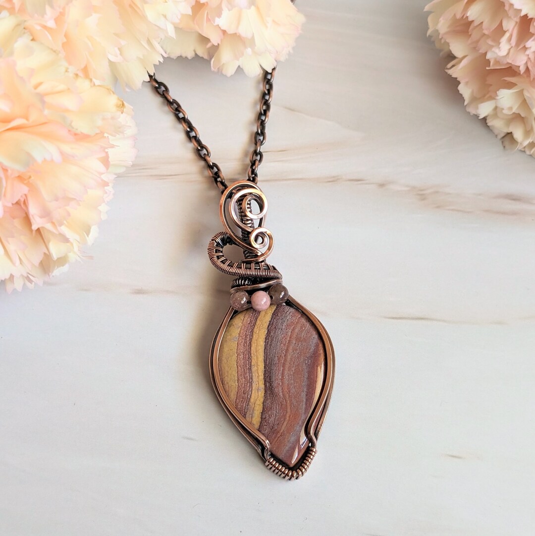 Wonderstone Rhyolite Copper Wire-wrapped Pendant Necklace W/ Rhodonite ...