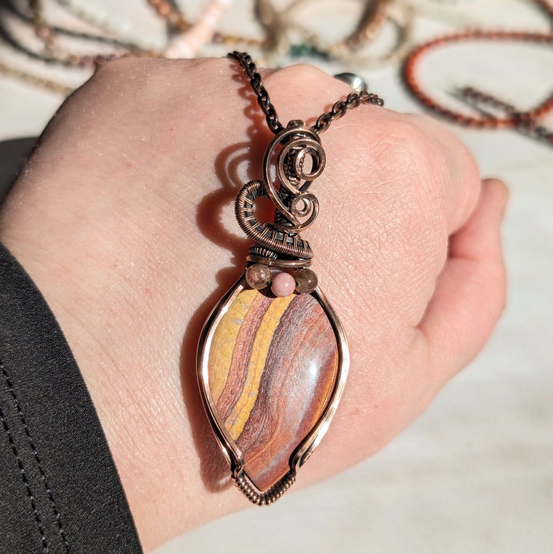 Wonderstone Rhyolite Copper Wire-wrapped Pendant Necklace W/ Rhodonite ...