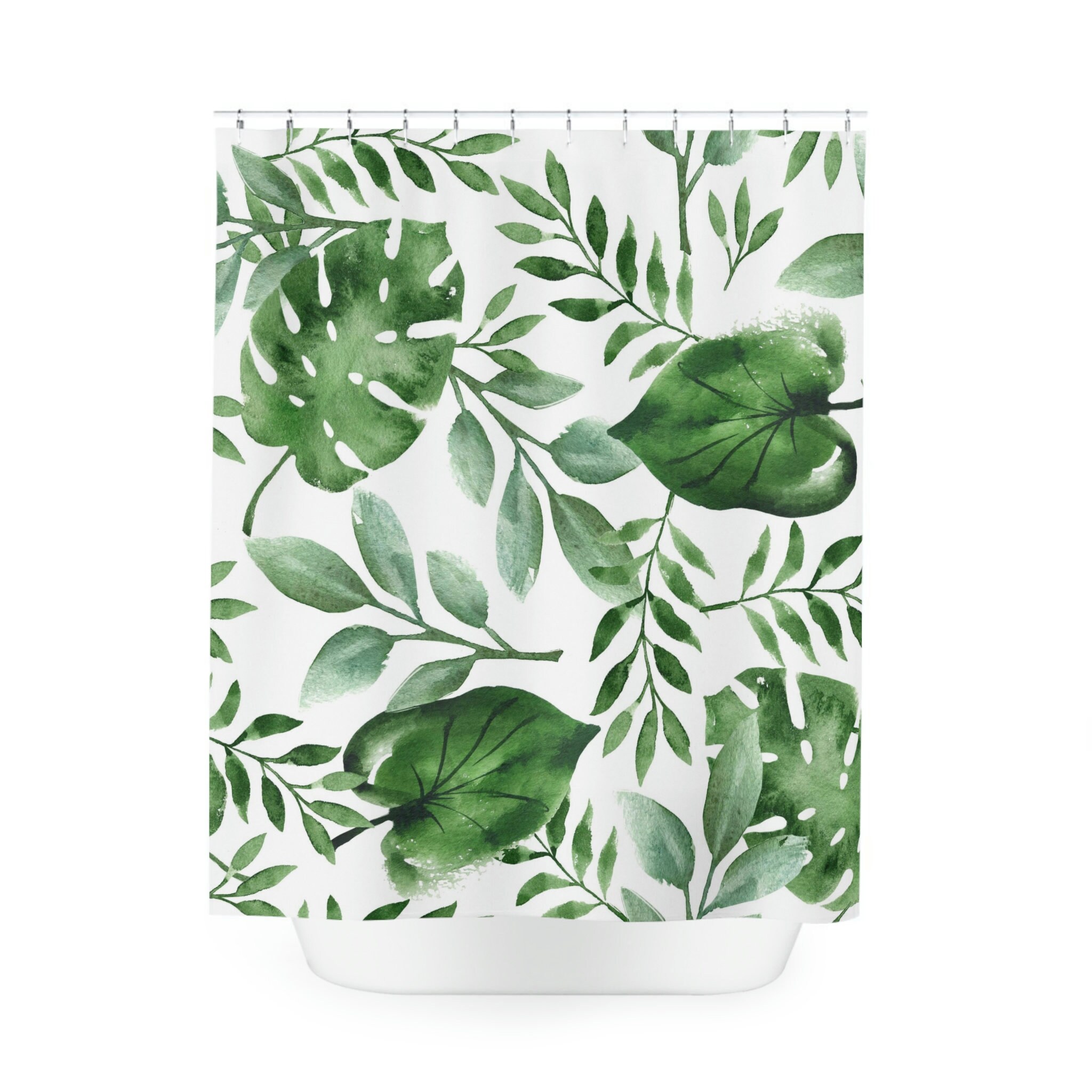 Monstera Leaf Shower Curtain, Green Leaf Shower Curtain, White Shower ...