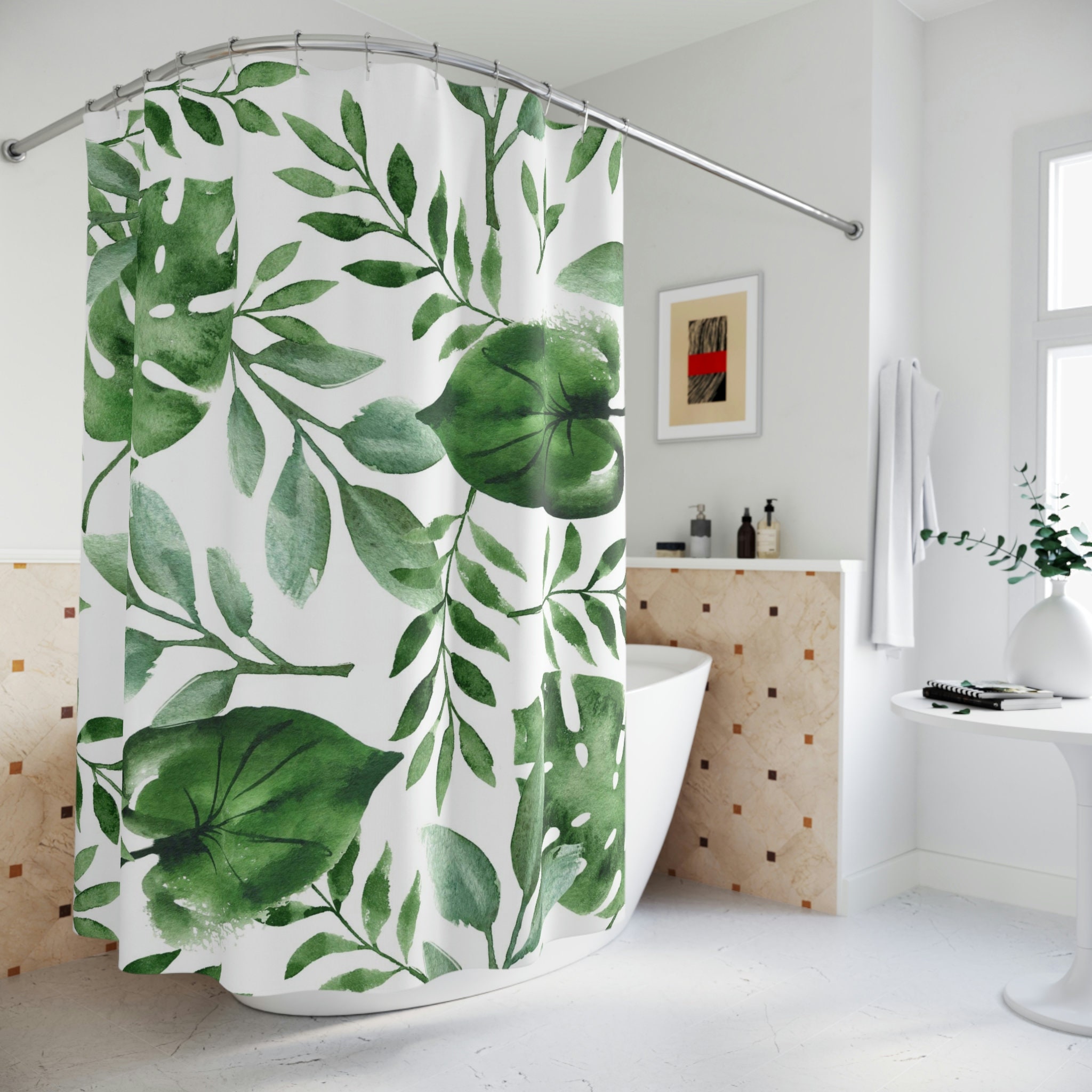 Monstera Leaf Shower Curtain, Green Leaf Shower Curtain, White Shower ...