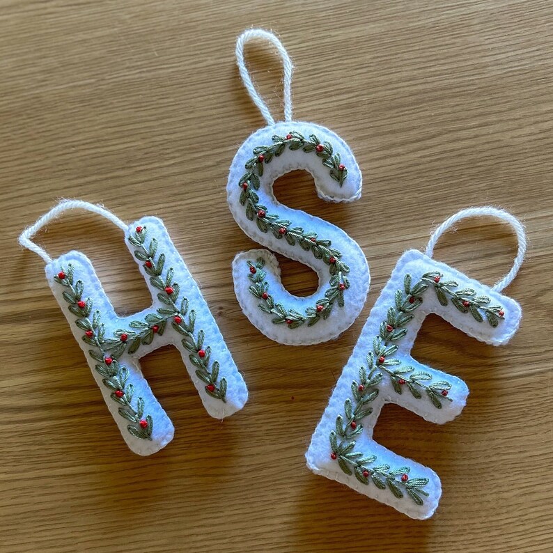 Felt Letters White Red Green Greenery Mistletoe Embroidered Ornament ...