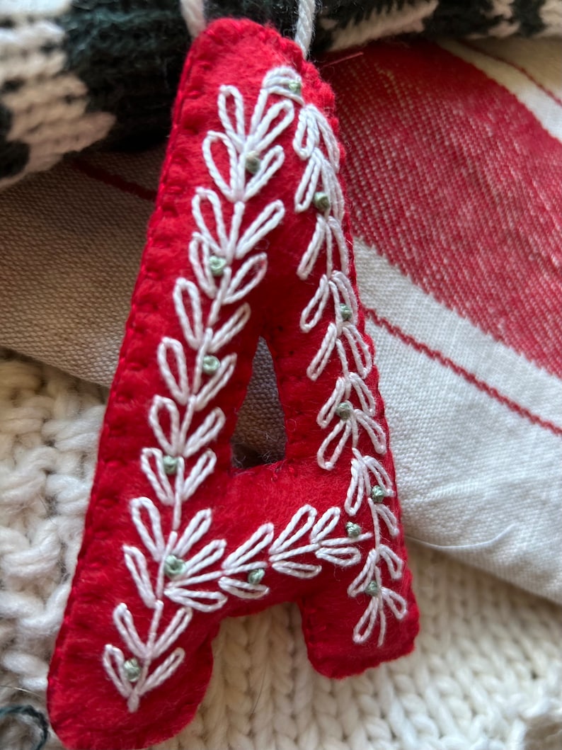 Felt Letters White Red Green Greenery Mistletoe Embroidered Ornament ...