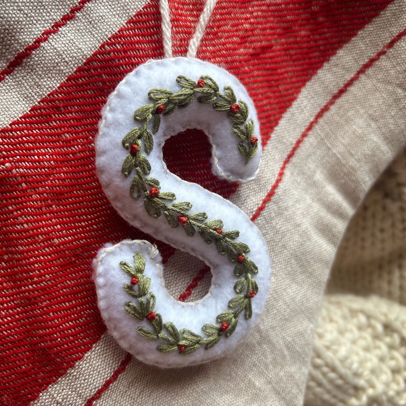 Felt Letters White Red Green Greenery Mistletoe Embroidered Ornament ...