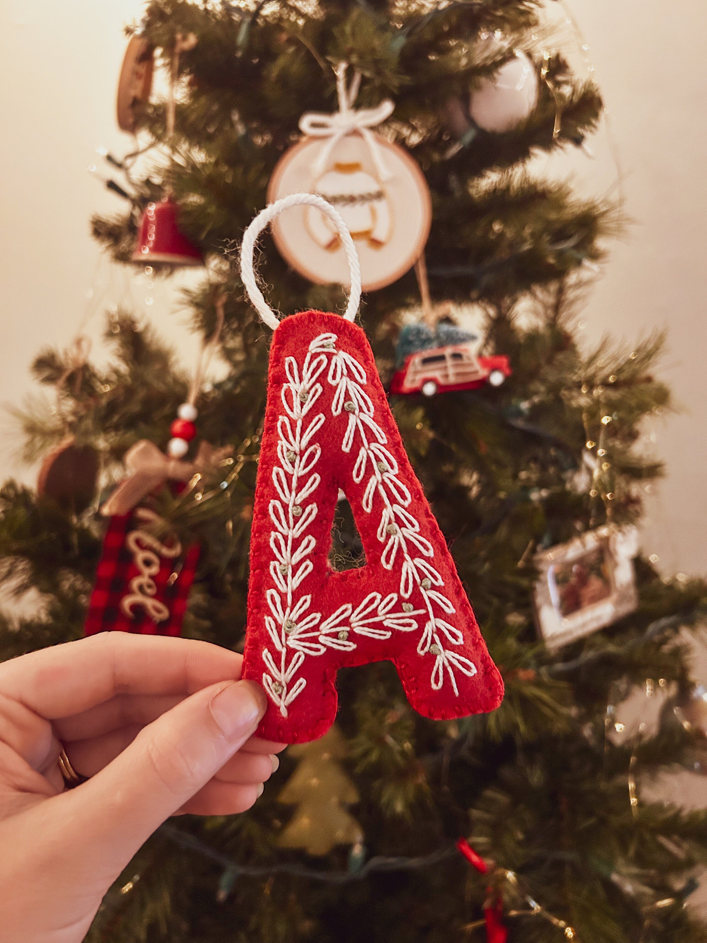 Felt Letters White Red Green Greenery Mistletoe Embroidered Ornament ...
