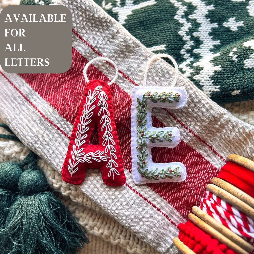 Felt Letters White Red Green Greenery Mistletoe Embroidered Ornament ...