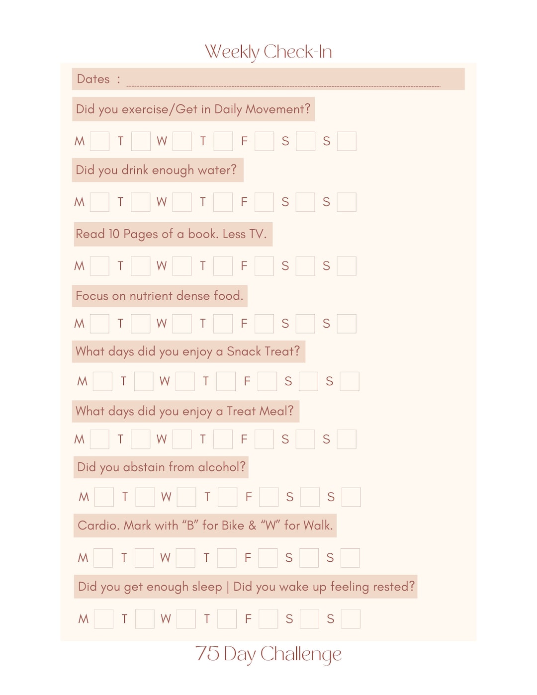 75 Day Challenge Weekly Checklist, Digital Download - Etsy