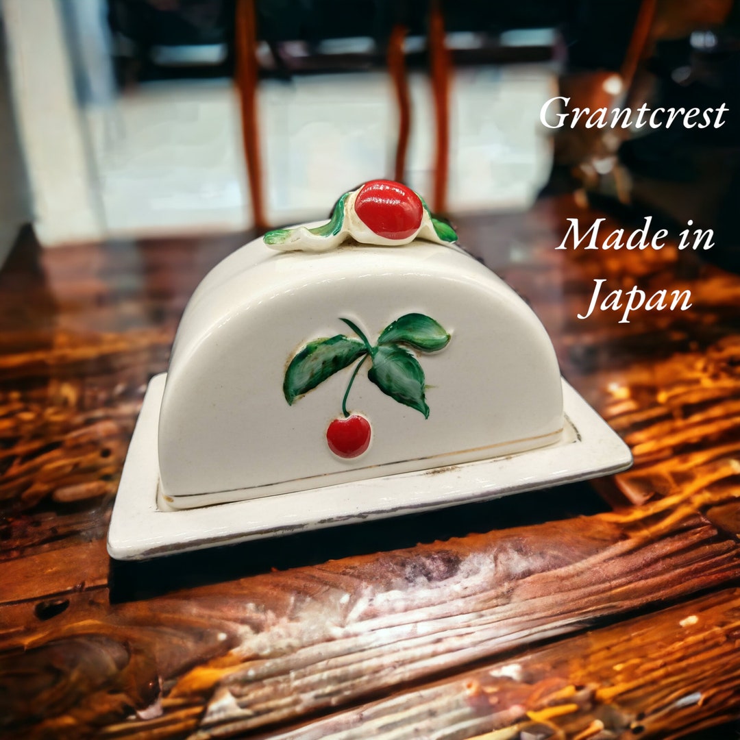 VTG Grantcrest 3-D Applied Cherry Hand Painted Butter Dish W/cover ...
