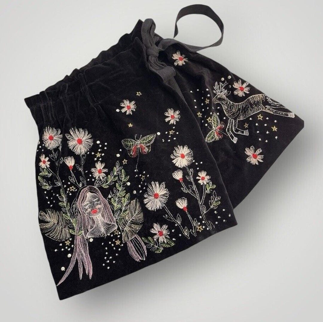 Zara Woman Velvet Embroidered Wrap Skort XS Black Wildflower Butterfly ...