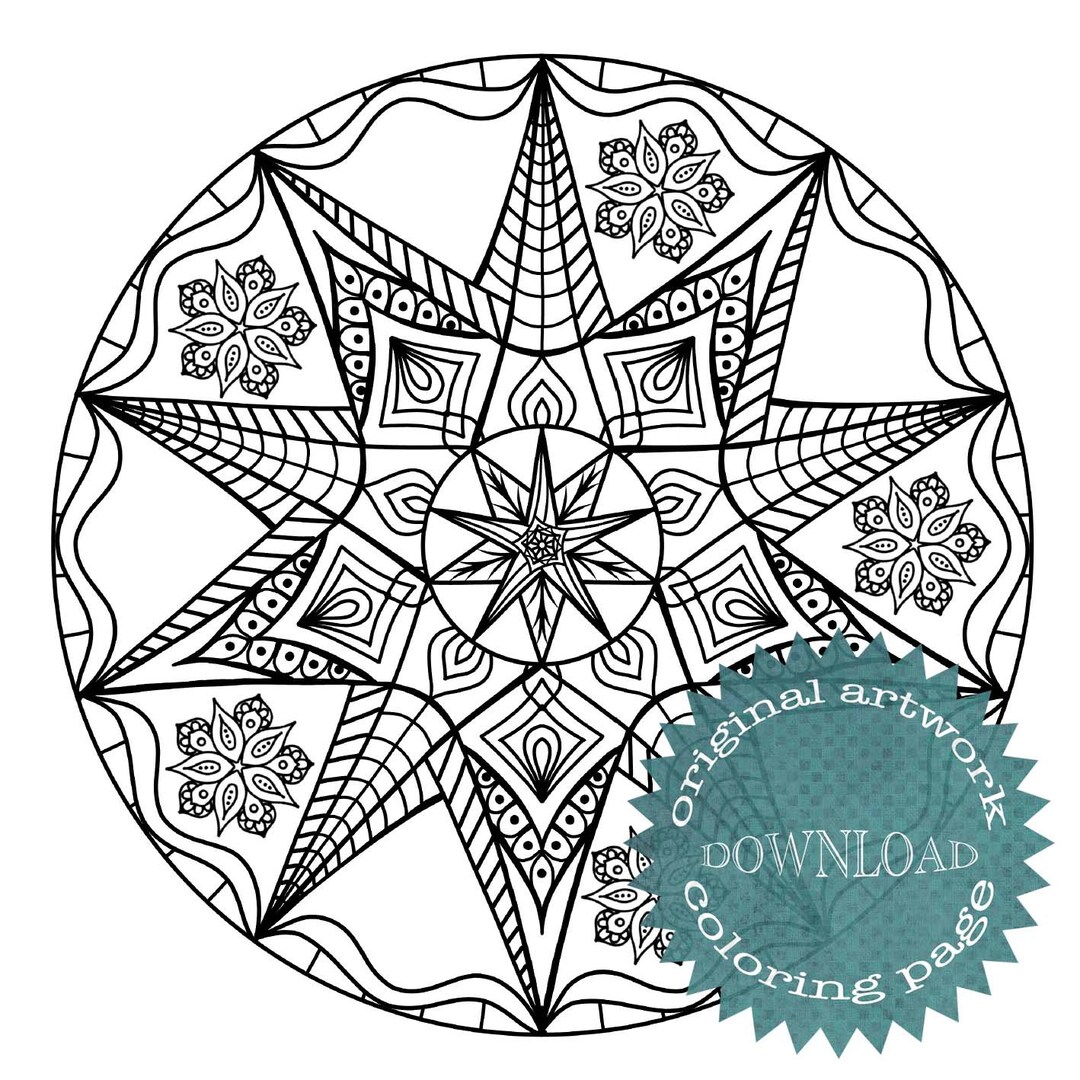 Unique Hand Drawn 5 Pointed Star Mandala Coloring (Instant Download ...