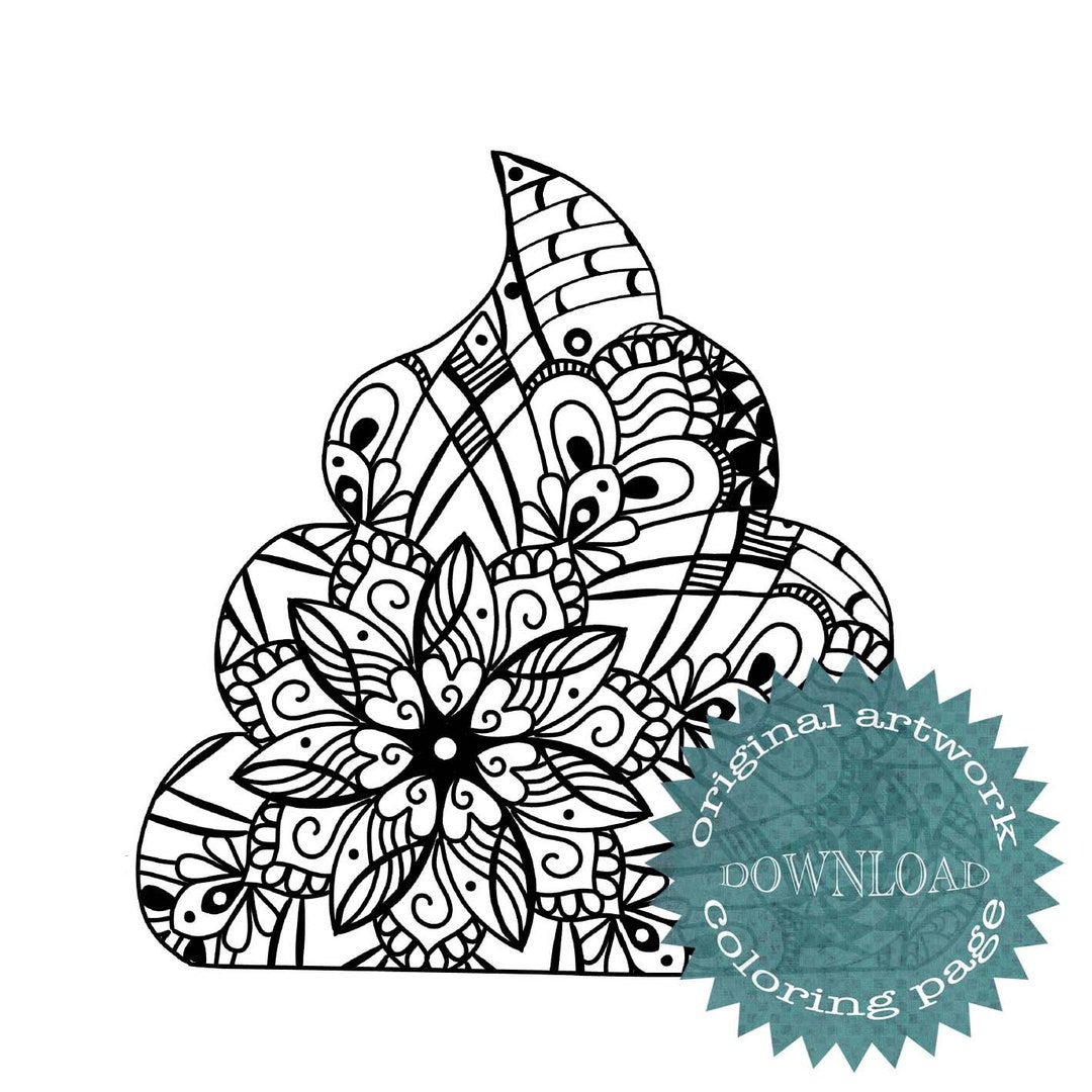 Unique Hand Drawn Poop Emoji Mandala Coloring Page, Floral & Paisley ...