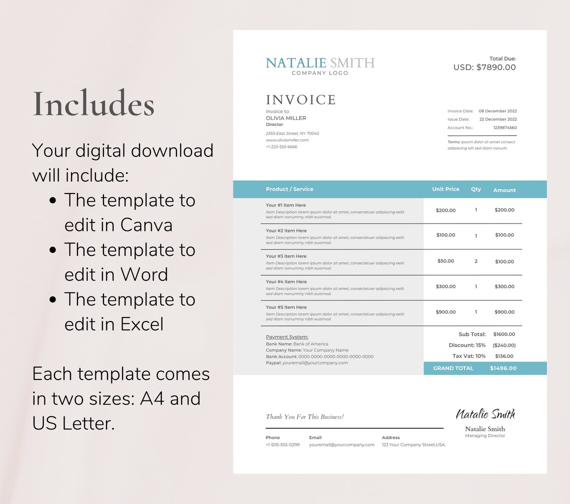 Invoice Excel Word, Invoice Template, Excel Invoice, Word Invoice ...