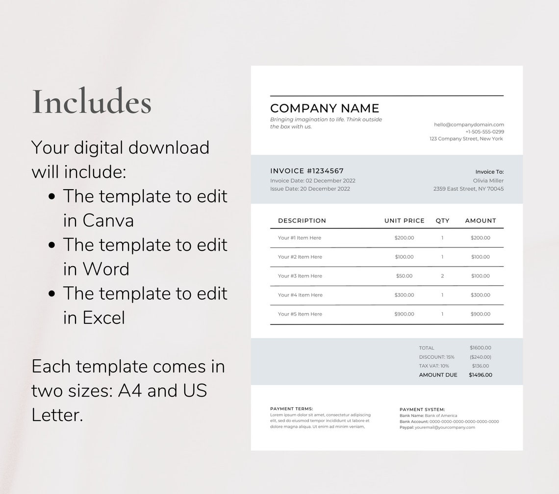 Facture Excel Word Canva, modèle de facture, modèle de facture pour les ...