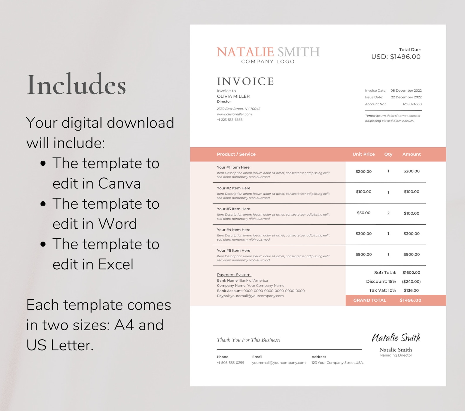 Invoice Excel Template, Invoice Word Template, Invoice Excel Word ...