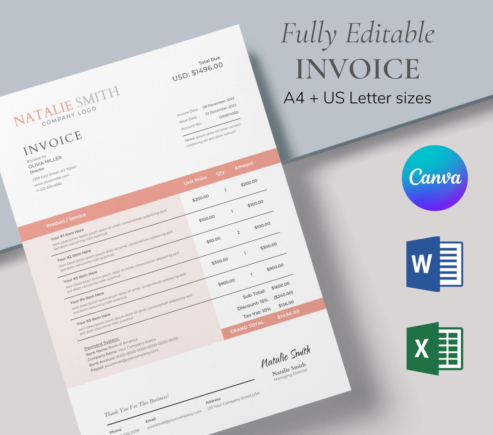 Invoice Excel Template, Invoice Word Template, Invoice Excel Word ...